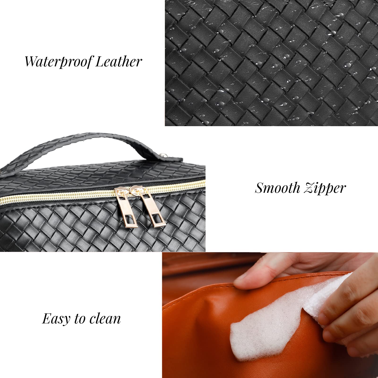 LASPERAL Travel Makeup Bag Large Capacity Cosmetic Bag Organizer Leather Waterproof Portable Compact Skincare Storage Checkered Pouch with Handle and Dividers for Women Girls Makeup Brushes (Black)