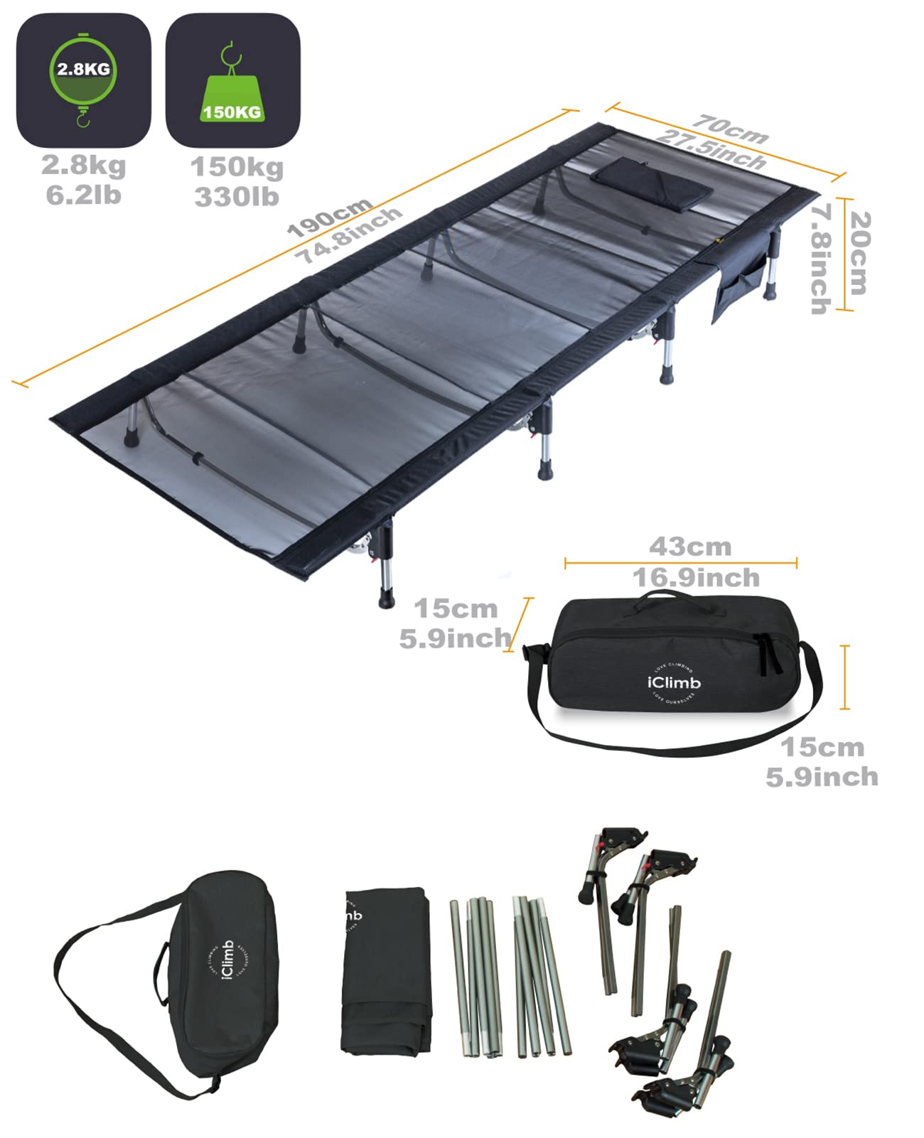 iClimb 1 Anti-Sinking Folding Chair and 1 Super Easy Assemble MESH Cot and 1 3M Thinsulate Insulation Warm Sleeping Bag Bundle, Ultralight Compact for Adults Backpacking Camping