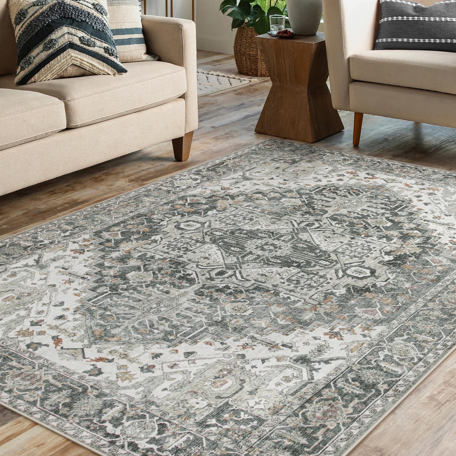 Lanffia Boho Washable Rugs 5x7 for Living Room,Grey Vintage Tribal Area Rug for Entryway Office Non Slip,Soft Farmhouse Aesthetic Bedroom Carpet Home Playroom Decor