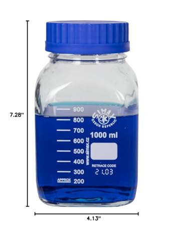 United Scientific™ SIMAX BSWM1000 GL80 Leakproof Media/Storage Bottles, Wide Mouth, Square, 3.3 Borosilicate Glass, 1000mL (1L), 1 Each