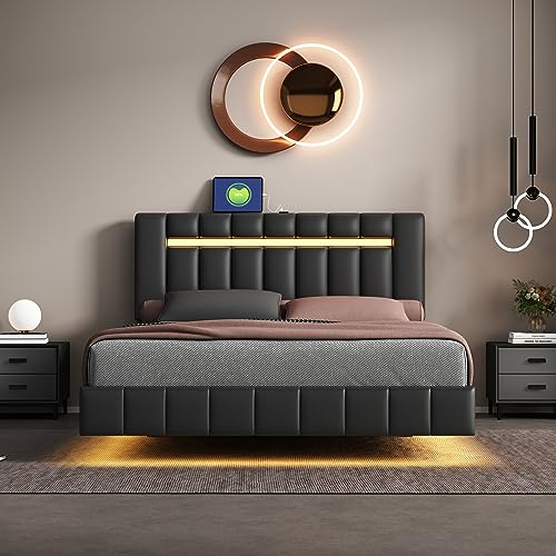 Queen Size Floating Bed Frame,with LED Atmosphere Lights & USB Charging,Modern Upholstered PU Platform LED Bed Frame,Adjustable Headboard Smart Thick Bed, Noiseless No Box Spring Needed (Black)