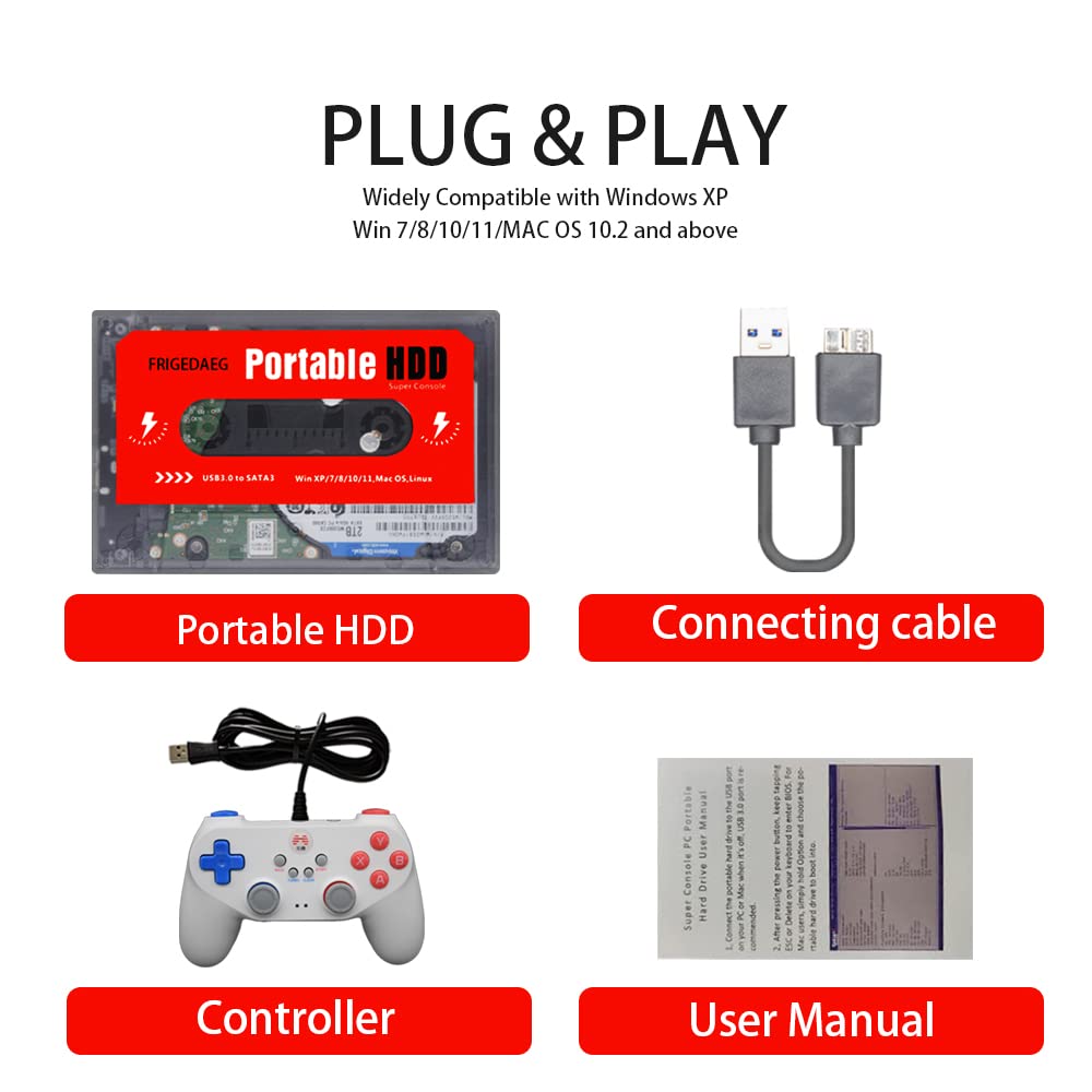FRIGEDAEG HDD External Game Console with 120000+ Games, Video Gaming Consoles for Playing Computer Games,Supports PS1/PSP/MAME/GBA and Other Simulators, Hard Disk Game Box for PC/TV/Laptop,Best Gift