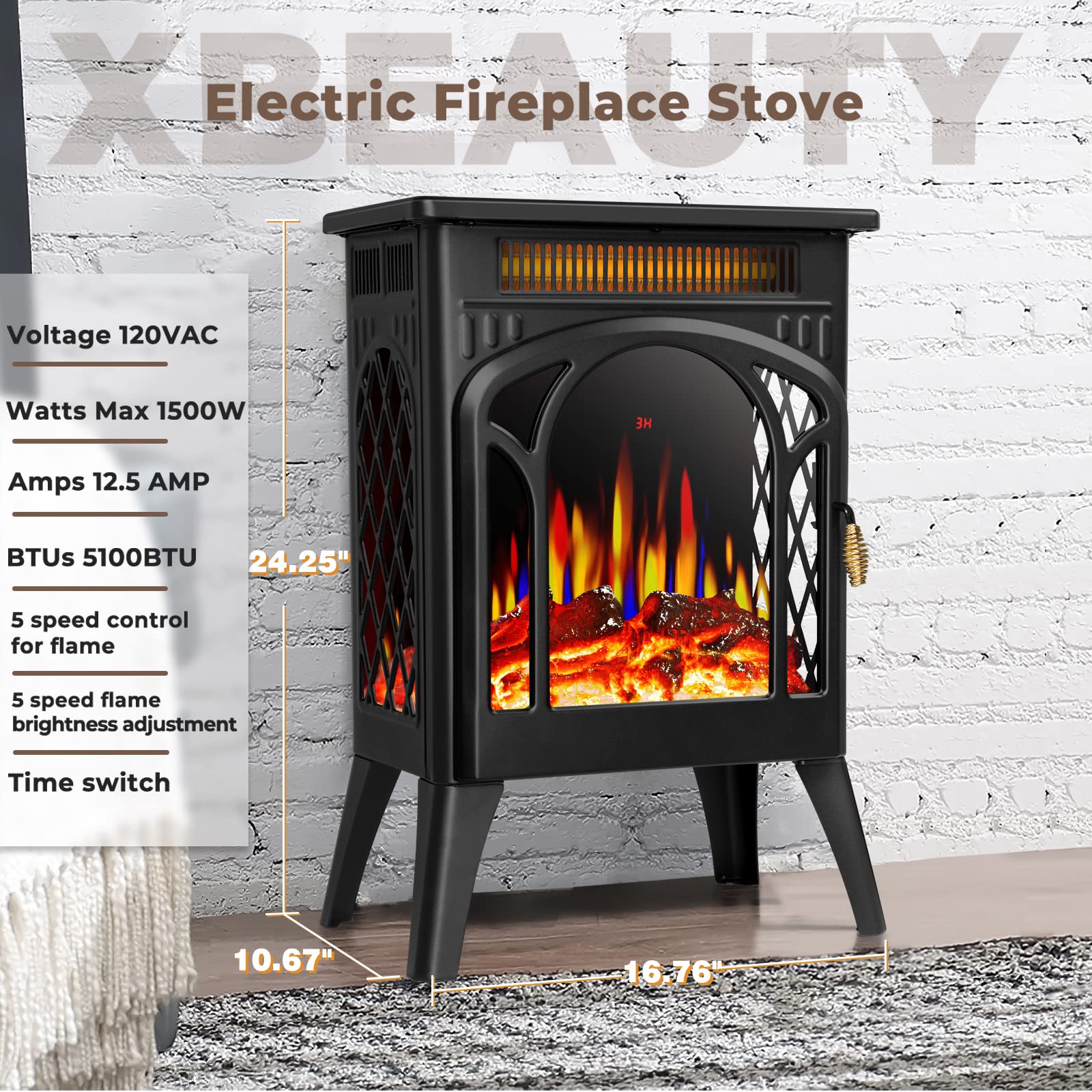 Electric Fireplace Heater 17inch Portable Electric Fireplace Heater Indoor,Black