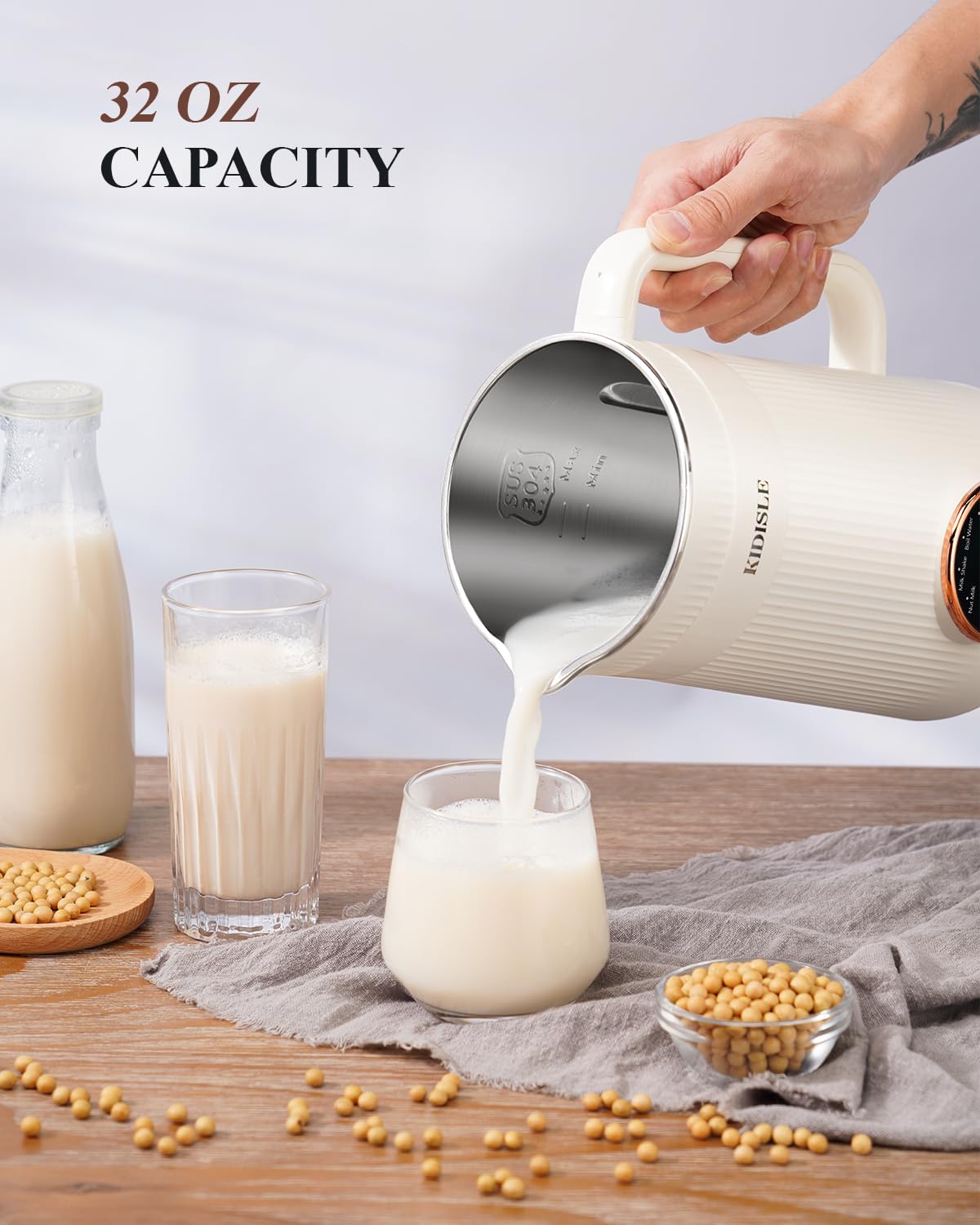 KIDISLE 8 in 1 Nut Milk Maker, 32oz Automatic Soybean Milk Machine for Homemade Almond, Oat, Coconut, Soy, Plant Based Milks and Non Dairy Beverages, with Delay Start/Keep Warm/Boil Water, Cream