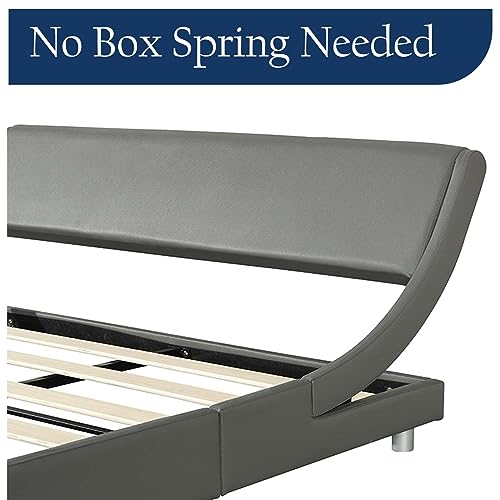 Queen Size Leather Upholstered Platform Bed Frame with Comfortable Headboard and Footboard, Modern Curve Design Platform Bed with Sturdy Bed Frame/Wood Slats Support/Easy Assemble for Bedroom (Grey)