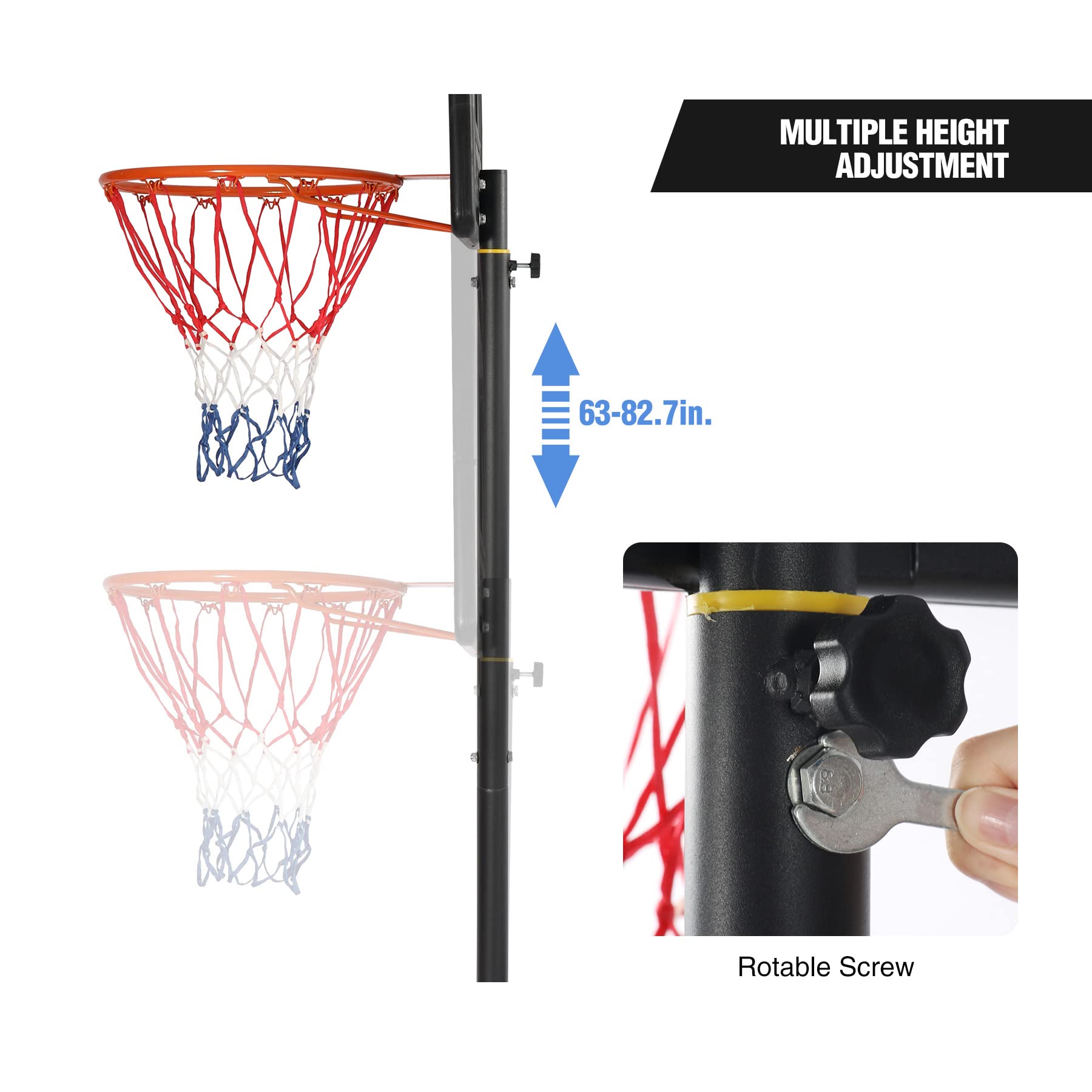 Domaker Adjustable Basketball Hoop Stand Outdoor, 5-7 FT Height Basketball Portable Goal System with Backboard & Wheels, Fillable Base, Easy to Assemble, Black & White