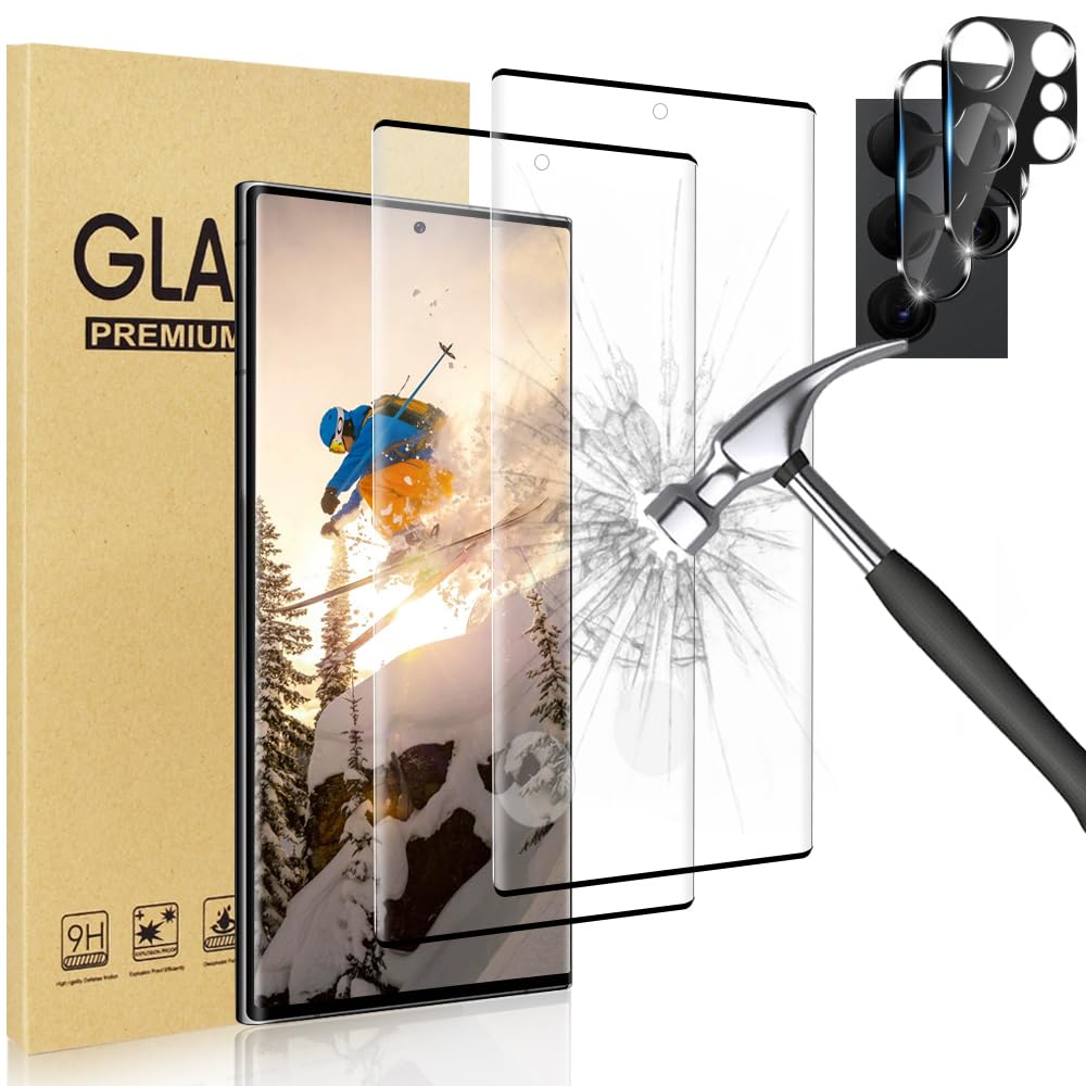 Galaxy S23 Ultra Screen Protector 2+2 Pack With Camera Lens Protector,9H hardness,Compatible Fingerprint,3D Full Coverage,for Samsung Galaxy S23 Ultra 5G 6.8 inch Tempered Glass Screen Protector