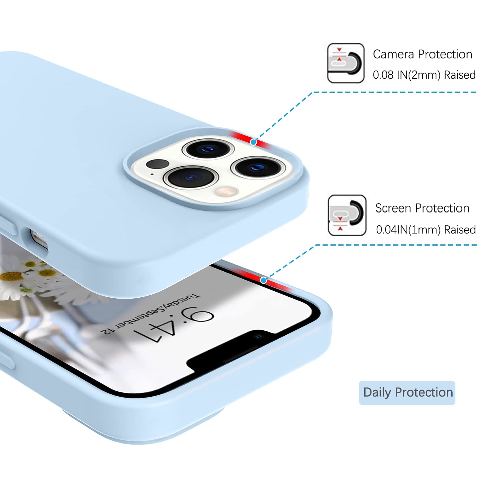 DOMAVER iPhone 13 Pro Max Case Silicone Gel Microfiber Lining Cushion Cover Shockproof Protective Phone Cases for iPhone 13 Pro Max 6.7 Inch, Light Blue