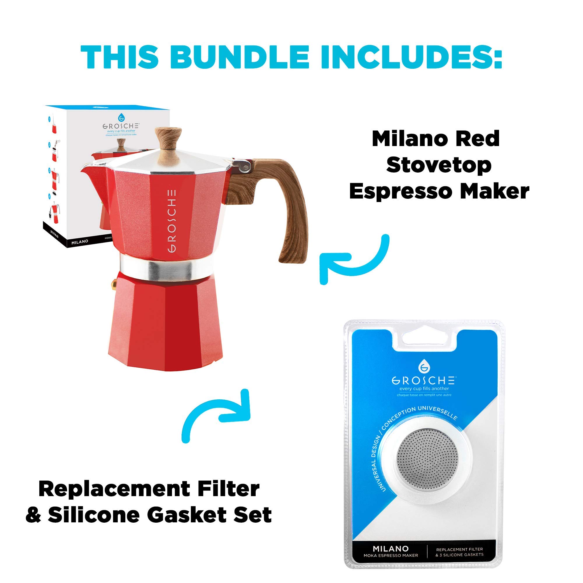 GROSCHE Milano Stovetop Espresso Maker Moka pot 9 espresso Cup - 15.2 oz, Red and 3 Replacement Seals Gaskets Bundle Stove top coffee maker Moka Italian espresso coffee maker and replacement gaskets