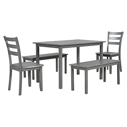 NCKMYB 5 Piece Dining Set, Rectangular Dining Table with 2 Chairs and 2 Benches, Rustic Wooden Dining Set for Kitchen Dining Room Restaurant (Grey)