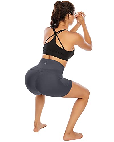 FAFAIR Stretchy Yoga Shorts for Women with Pockets Athltic Cycling Non See Through Shorts Dark Grey L