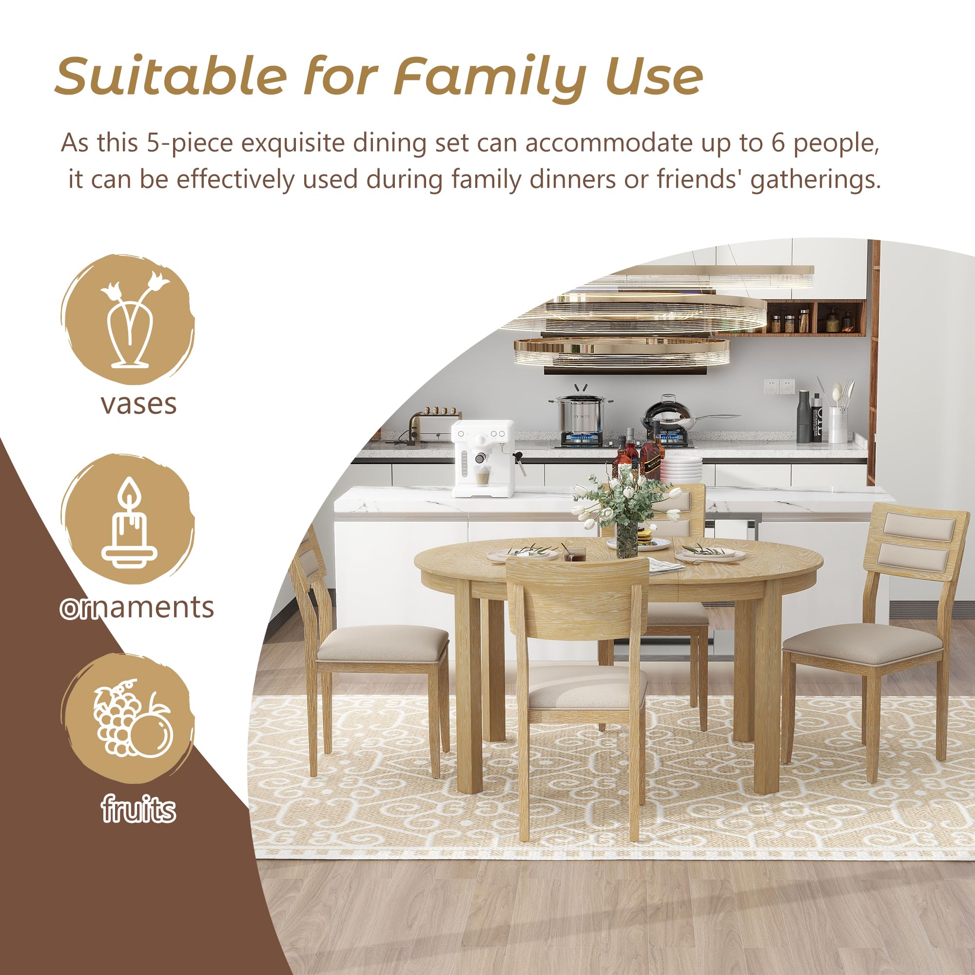 Merax Farmhouse Wooden Dining Set of 5, 56 inch Extendable Kitchen Table with Two Drawers, 4 Chairs with Backrest, Easy Assemble Black