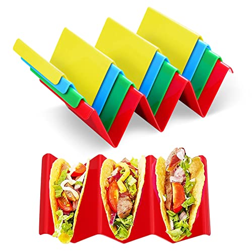 NDGDV Taco Holder Stand Set of 4, Premium Taco Rack Tray Holds Up to 3 or 2 Tacos Each, PP Health Material, Colorful Taco Holder Plate, Dishwasher & Microwave Safe