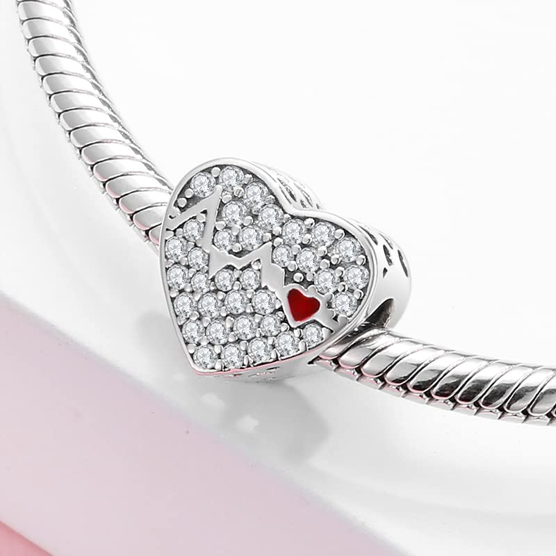 KIKISCHARMS 925 Sterling Silver Charms for Pandora Snake Bracelet, Necklace.… (Heart Beat PC0594)