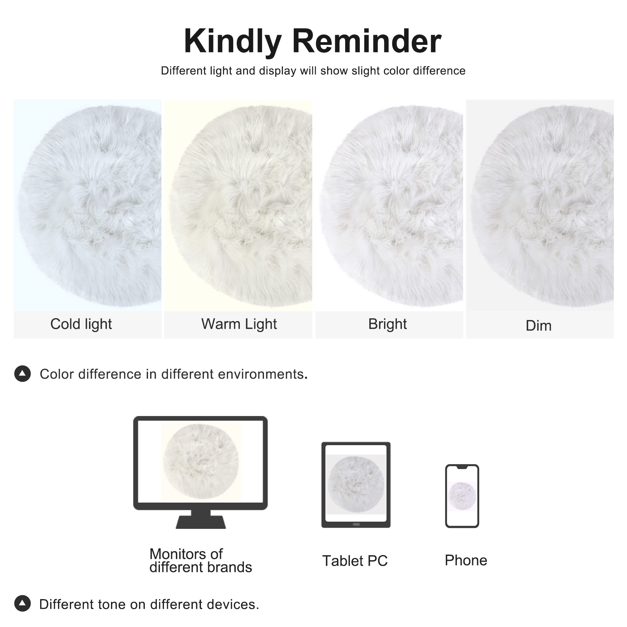 uxcell Faux Fur Round Rug,Fluffy Area Mat,Fluff Rugs for Bedroom Floor Sofa Living Room 2 x 2 Feet Snow White