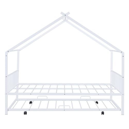 Merax Full Size Metal Floor House Bed Frame with Trundle for for Bedroom Dorm,Boys,Girls