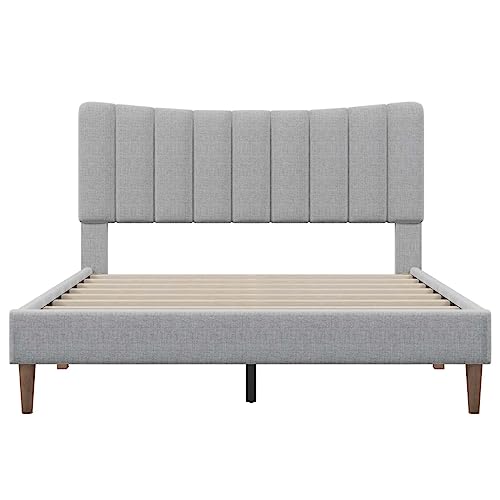 Queen Size Upholstered Platform Bed Frame with Vertical Channel Tufted Headboard, Modern Upholstered Platform Bed with Wood Slat Support, Heavy Duty Queen Bed Frames, No Box Spring Needed (Gray)