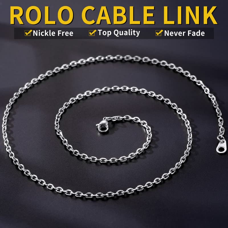 Stainless Steel Cable Link Chain Necklace for Women Men Jewelry Gift 3mm Sturdy Strong Rolo Chain Necklaces, 18 Inch