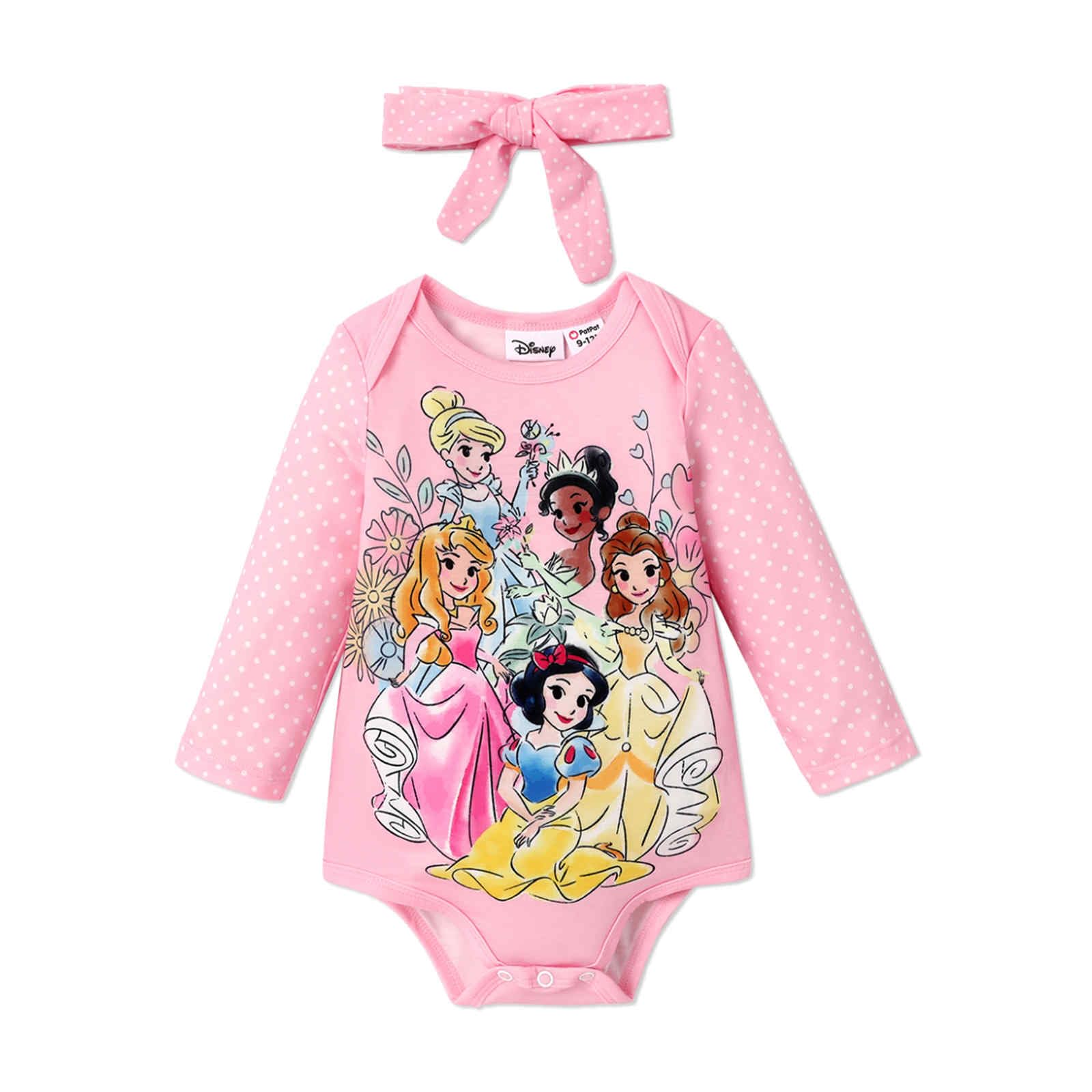 Disney Princess Baby Girl Bodysuit Cotton Flutter-sleeve Mesh Romper with Headband Set, Pink-2, 3-6 Months