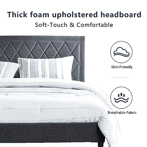 Queen Size Upholstered Platform Bed Frames with Foam Headboard, Mid-Century Modern Platform Bed with Storage Solid Wood Slat Support for Bedroom Small Living Space Boys Girls, Under Bed Storage, Gray
