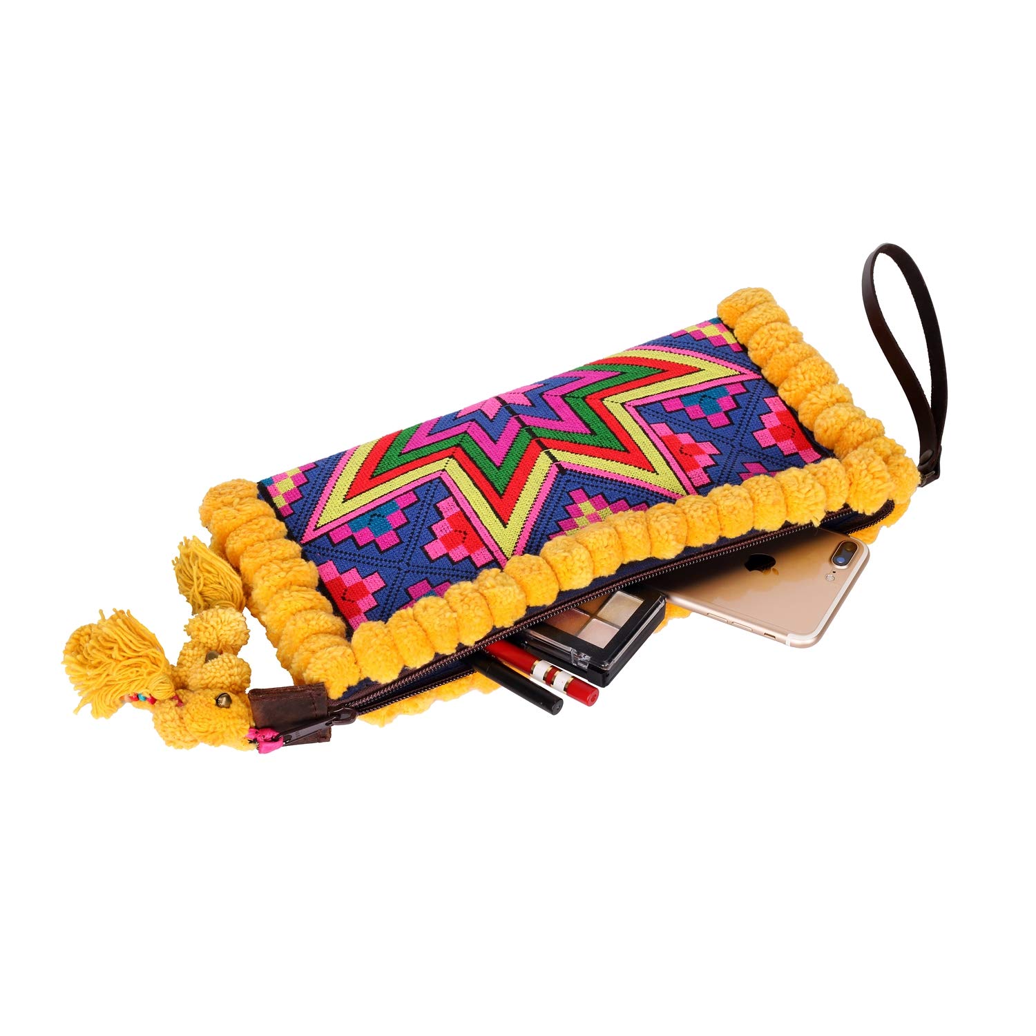 Yellow Pom Pom Clutch Bag with Embroidered Hmong Tribes Star Pattern