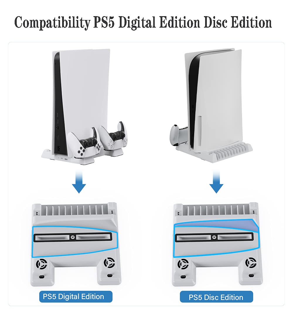 DOBE-TP5-0593 PS5 Stand with Suction Cooling Fan and Dual Controller Charger Station for Playstation 5 PS5 cooling fan stand + CD storage rack + handle dual charging for PS5 DE/UHD (white)