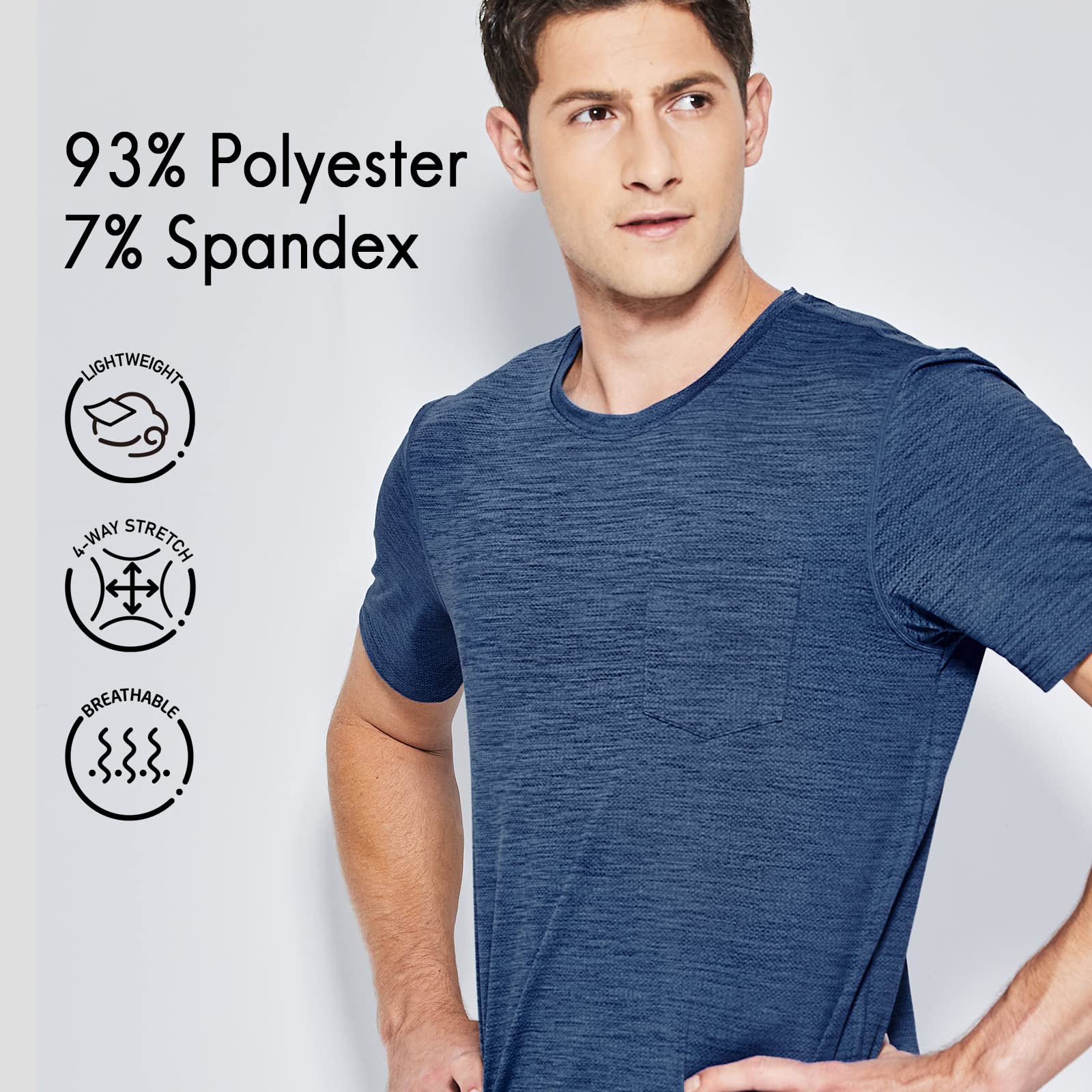 Haimont Mens Lightweight Quick Dry Crew Neck T Shirts with Pocket, Active Running Gym Workout Short Sleeve Tee, Grey, Large