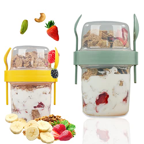 Salda 2 Pack 22 oz Breakfast On the Take and Go Cup with Topping ,spoon and fork, Overnight Oats or Oatmeal Container Yogurt Cereal Jar, Colorful Set of 2 (Yellow and Green)
