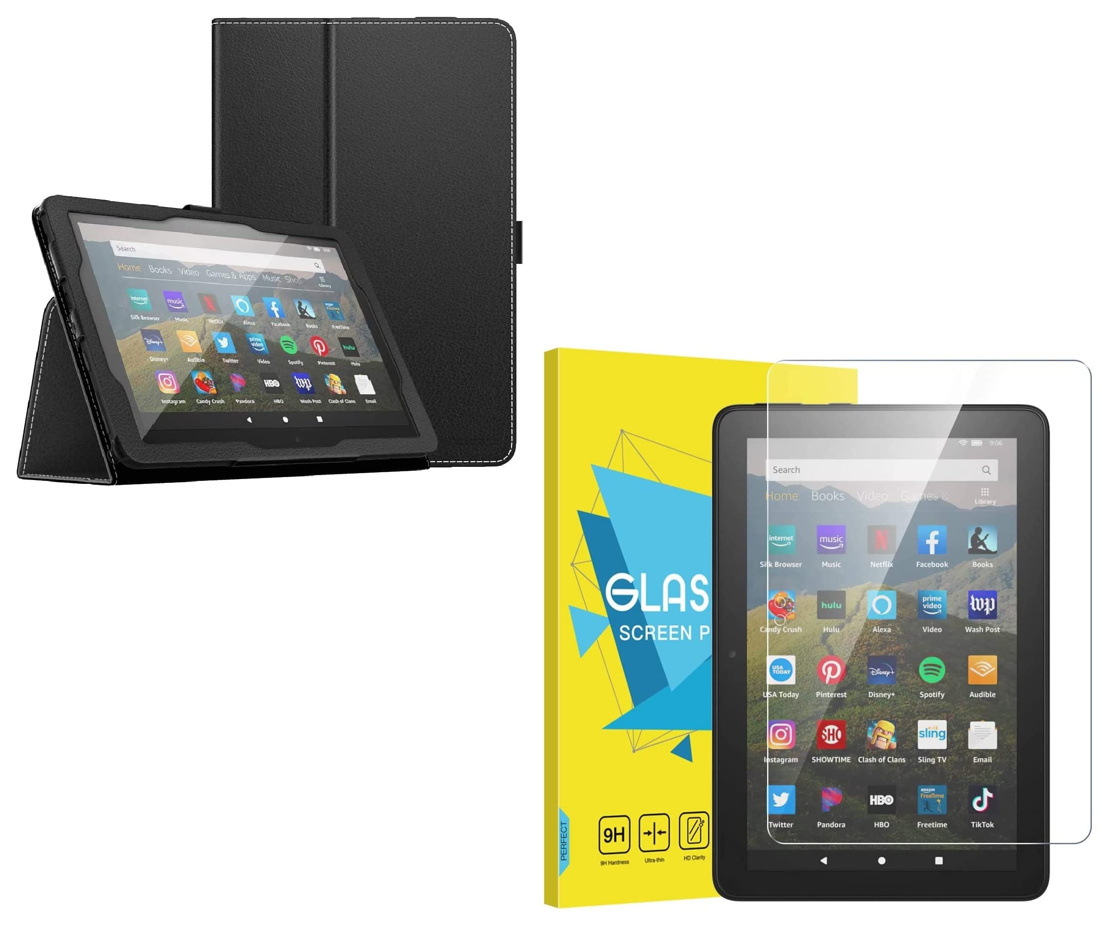 MoKo Case with Temperd Glass Screen Protector Fits Kindle Fire HD 8 & 8 Plus Tablet (12th Generation/10th Generation, 2022/2020 Release) Slim Folding Stand Cover with Auto Wake/Sleep, 9H Hardness Film