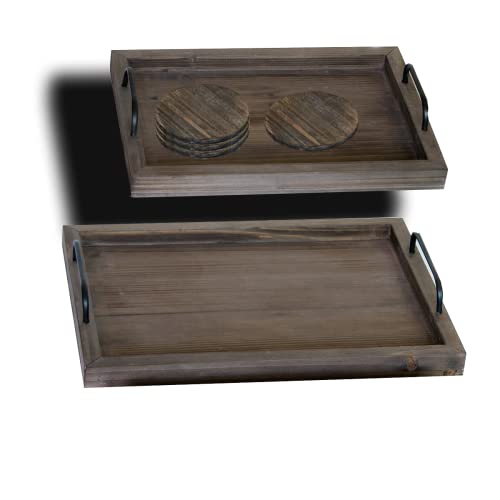 Juleduo Rustic Wooden Serving Trays with Handle-Set of 2-Decorative Nesting Food Board Platters 4 Coasters,for Breakfast Kitchen Ottoman Coffee Table