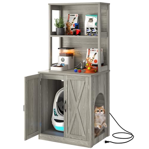 DWVO Large Hidden Litter Box Furniture with Shelves and Charging Station, Wooden Enclosure for Self-Cleaning Litter Boxes, Grey
