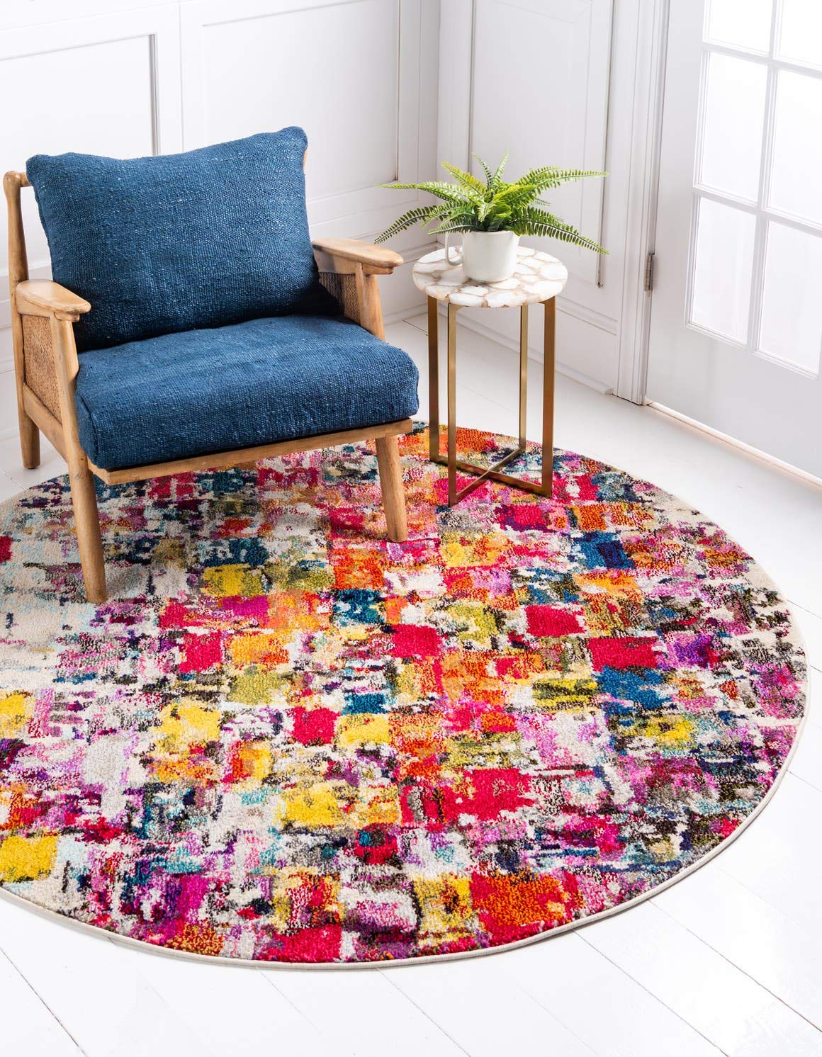 Unique Loom Estrella Collection Abstract, Bright Colors, Distressed, Modern Area Rug, 8 ft x 8 ft, Multi/Beige