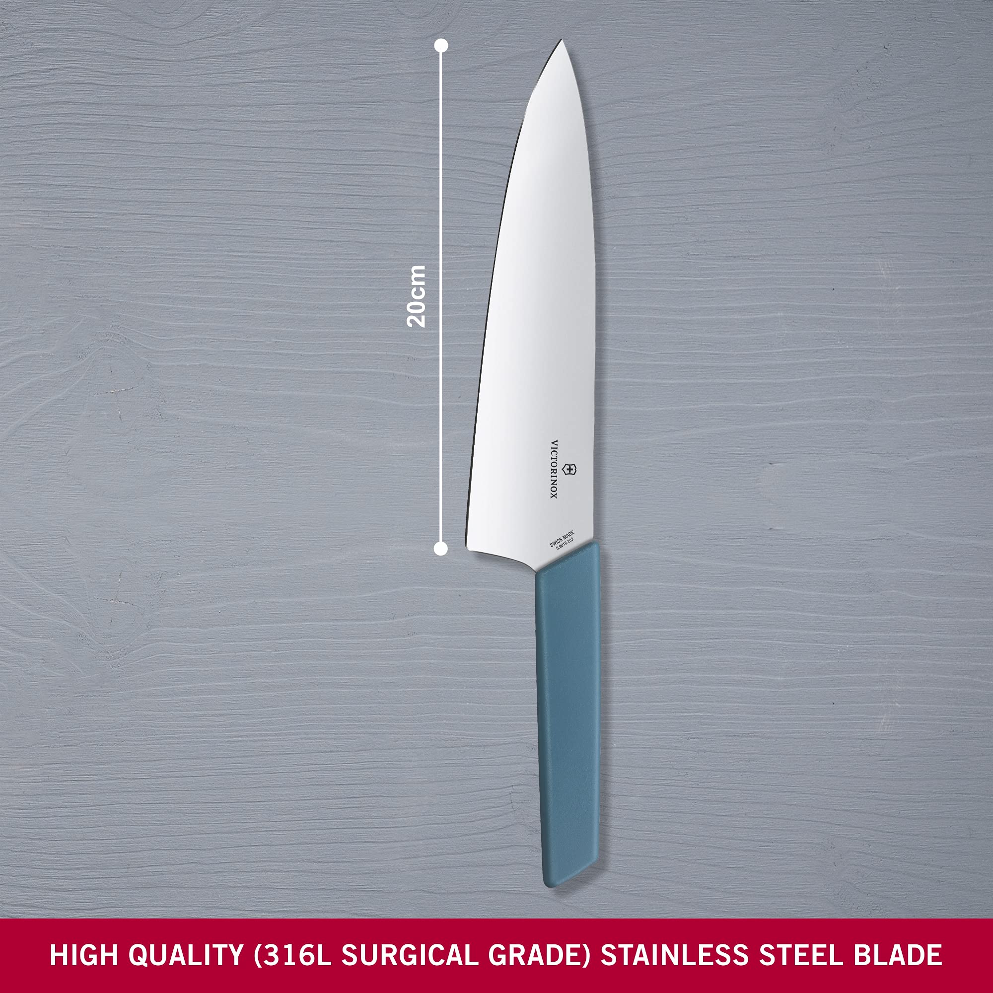 Victorinox Swiss Modern Chef's Knife - Kitchen Knife for Cutting Meat, Fruit & Vegetables - Premium Kitchen Accessories - Blue Handle, 8"