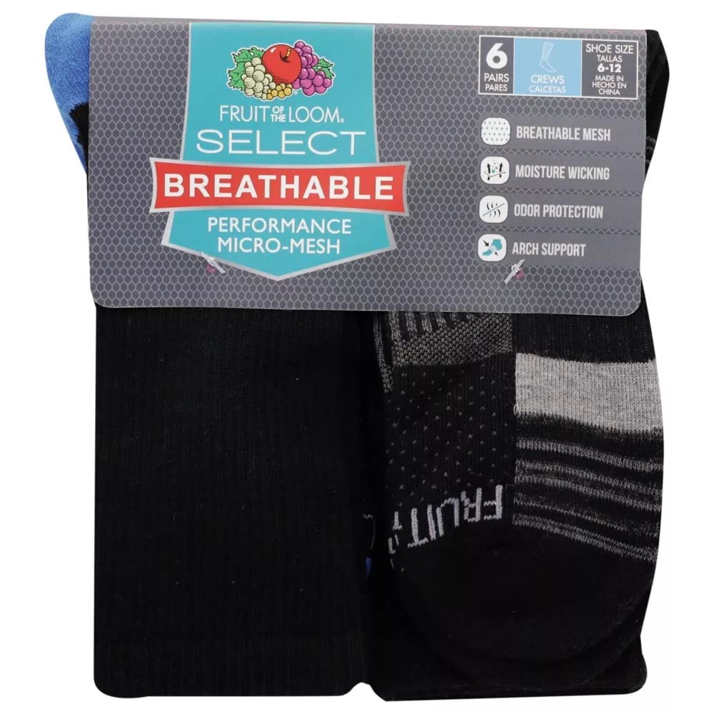 Fruit of the Loom mens Breathable Performance Cushioned - 6 Pair Pack Sock, Blue Assorted, 12 US