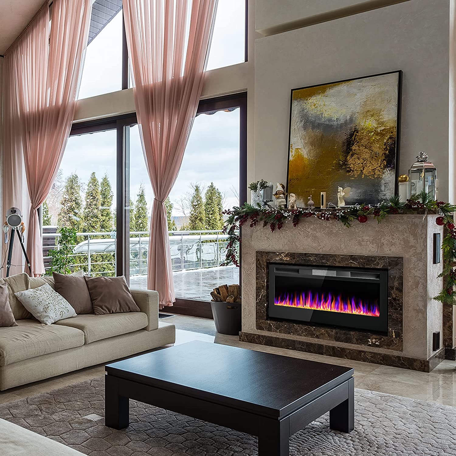 Frhlozdx 42 Inch Electric Fireplace in-Wall Recessed and Wall Mounted Fireplace,Linear Fireplace with Multicolor