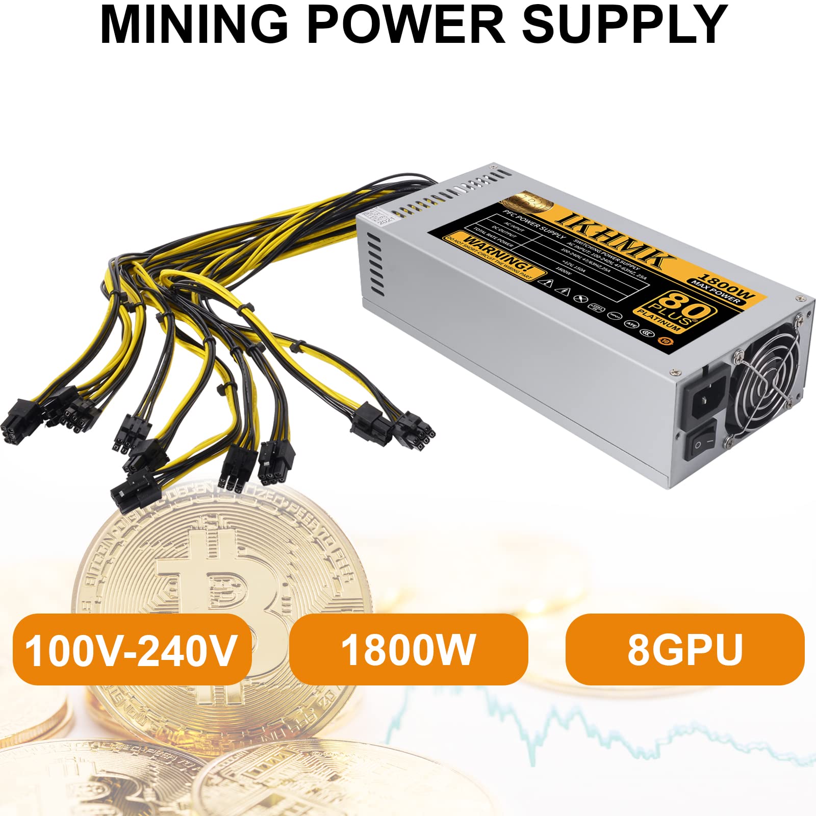 IKHMK 1800W Mining Power Supply, Mining PSU for BTC Miner Machine 100V-240V PSU with 15000 RPM Fan and Power Cable