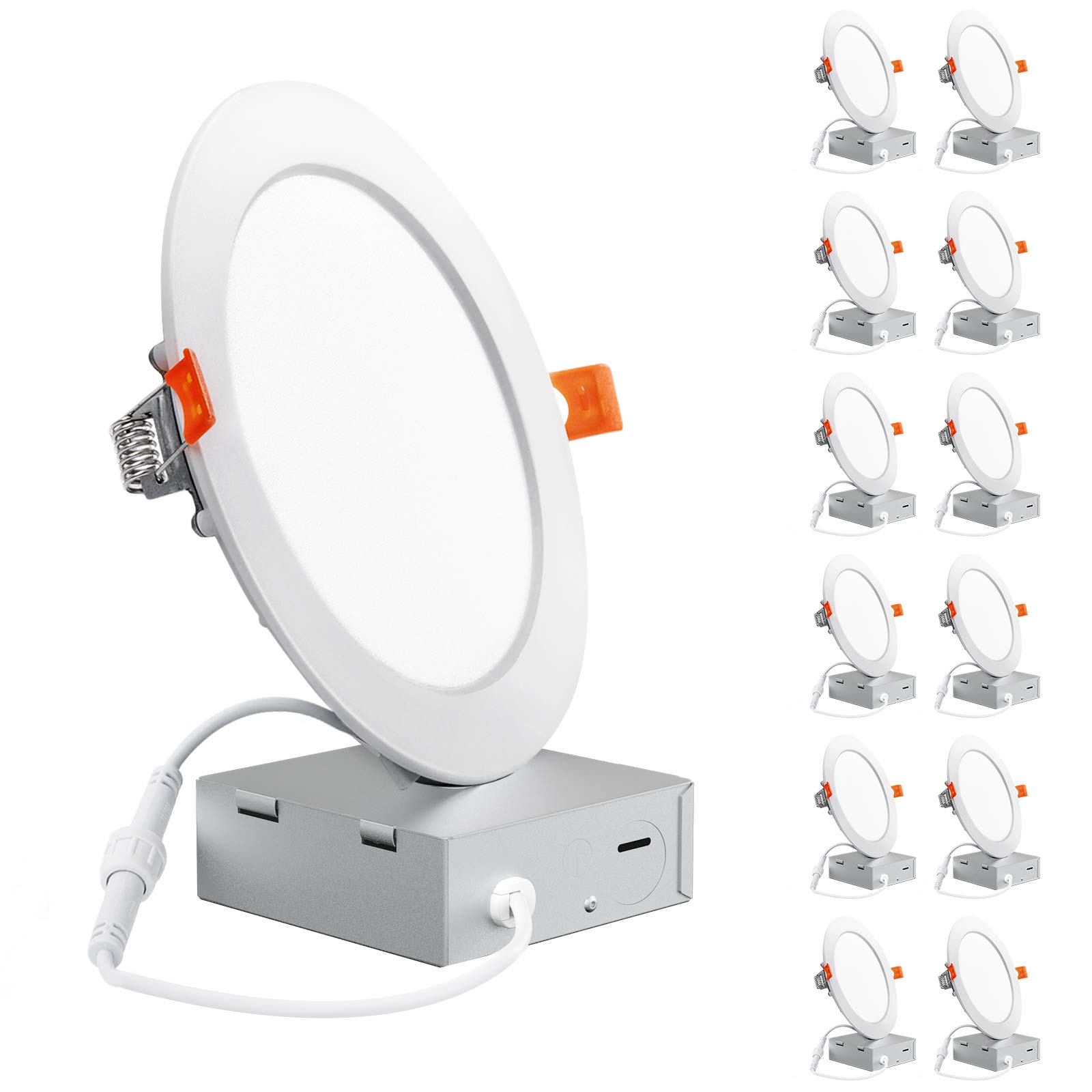 FREELICHT 12 Pack 6 Inch Ultra-Thin LED Recessed Ceiling Light with Junction Box, 12W Eqv 110W, 4000K Cool White Dimmable Can-Killer Downlight, 850LM High Brightness - ETL