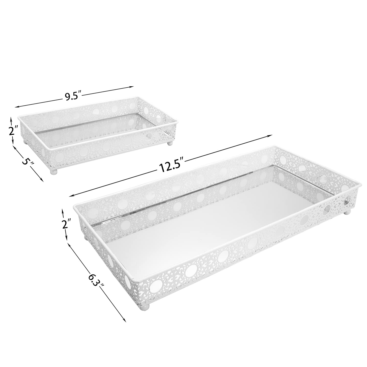 Tricune 2Pcs Perfume Tray - Bathroom Vanity Tray - Mirror Tray - Set of 2 Decorative Perfume for Dresser Jewelry Organizer Makeup Glass Tray 12.5 X 6.3 + 9.5 X 5 Inch Silver