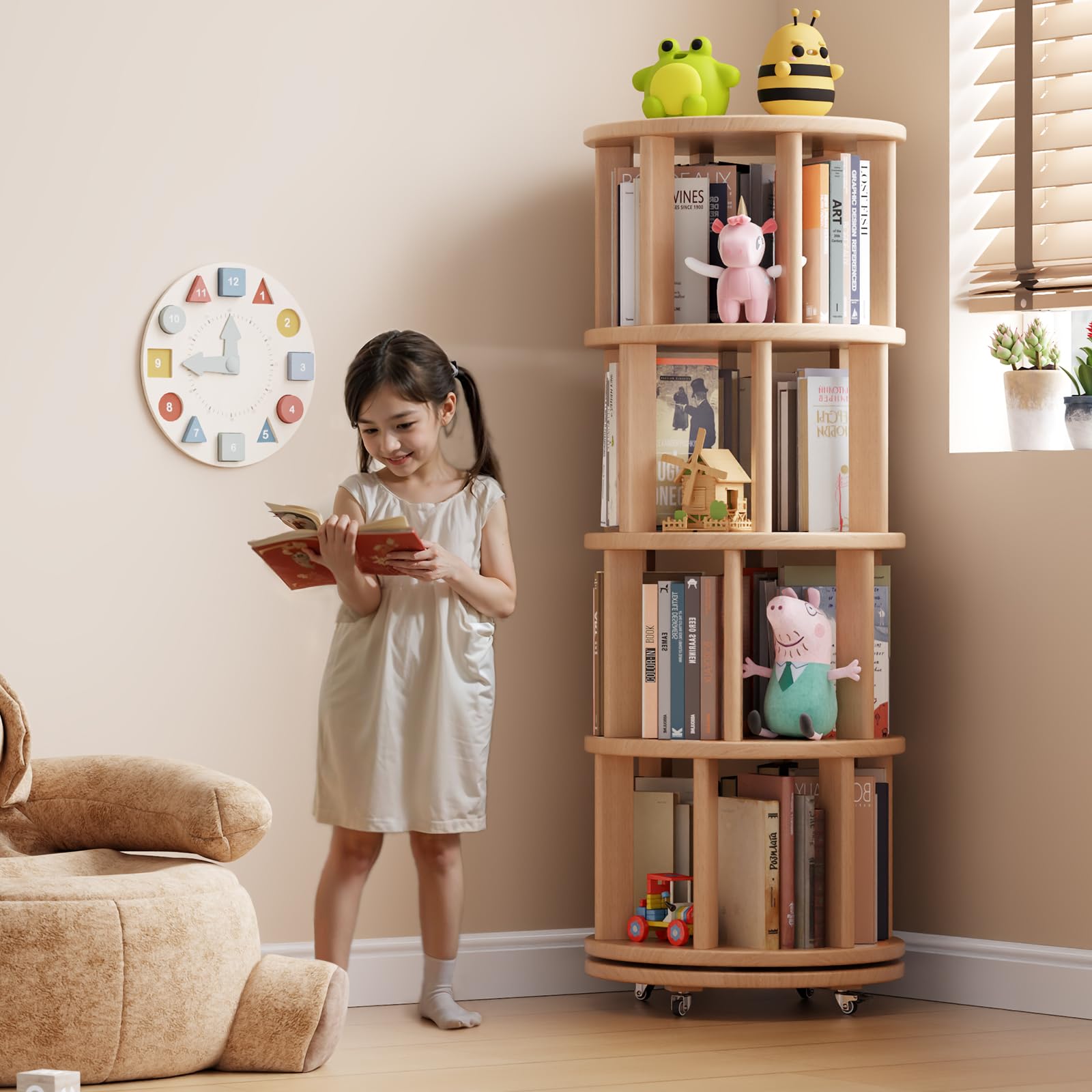 KASLANDI Solid Wood Rotating Bookshelf with Brake Wheels, 360°Display 6 Tier Floor Stackable Spinning Bookshelf Tower for Kids & Adults, Revolving Bookcase for Small Space, Corner (Walnut)
