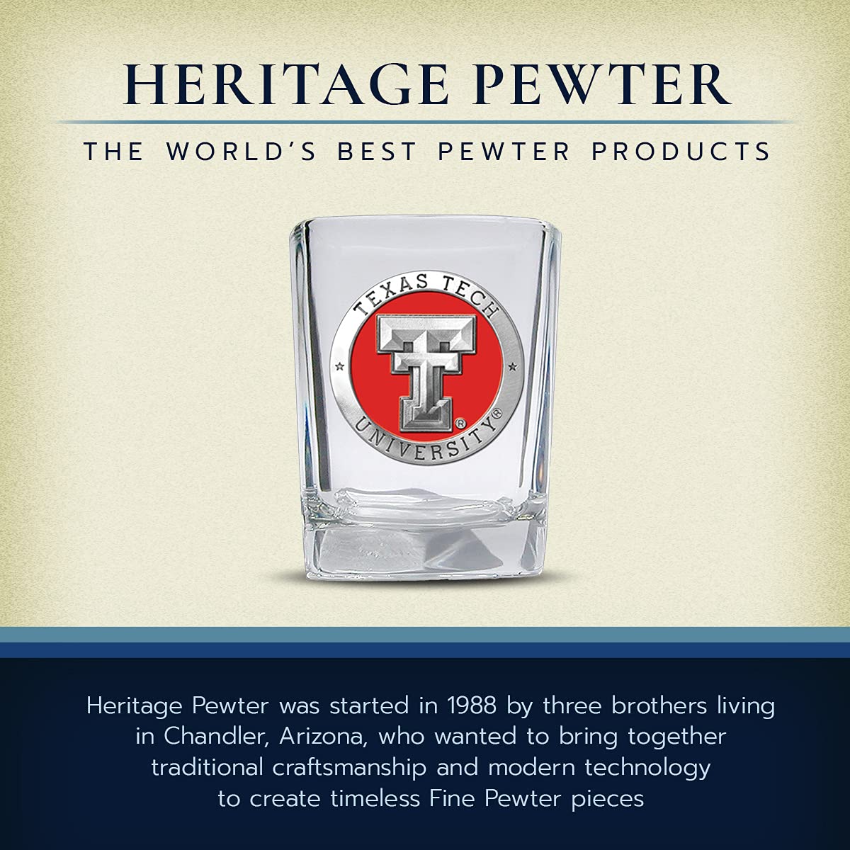 Heritage Pewter Texas Tech Square Shot Glass | Hand-Sculpted 1.5 Ounce Shot Glass | Intricately Crafted Metal Pewter Alma Mater Inlay
