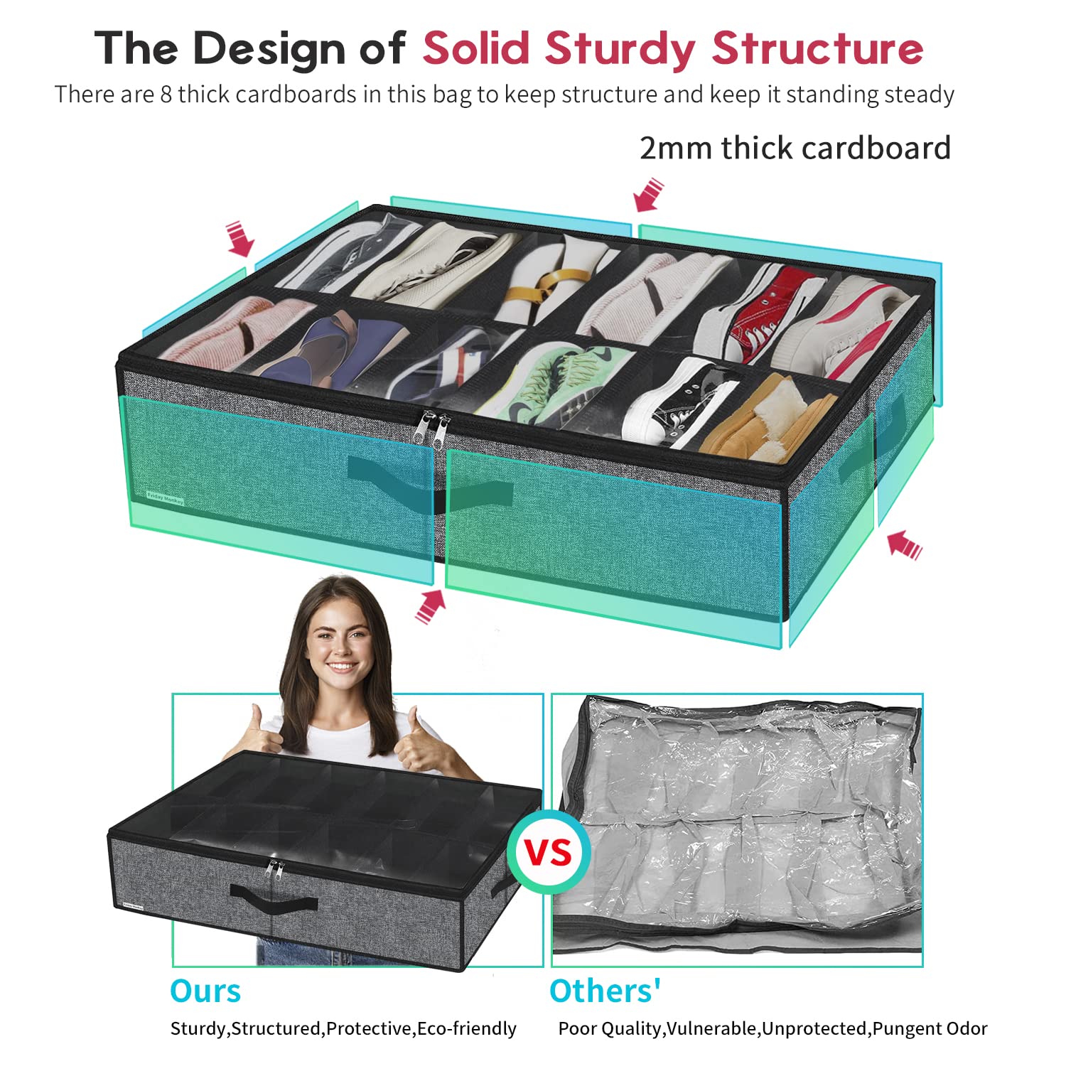 Friday Monkey Sturdy Under Bed Shoe Storage Organizers 2 Pack, Fit Total 24 Pairs, Large Underbed Closet Shoes Box Container Bag with Clear Cover, Breathable, 29.3x23.6x5.9 inches, Black, ZMBCUBSB2P