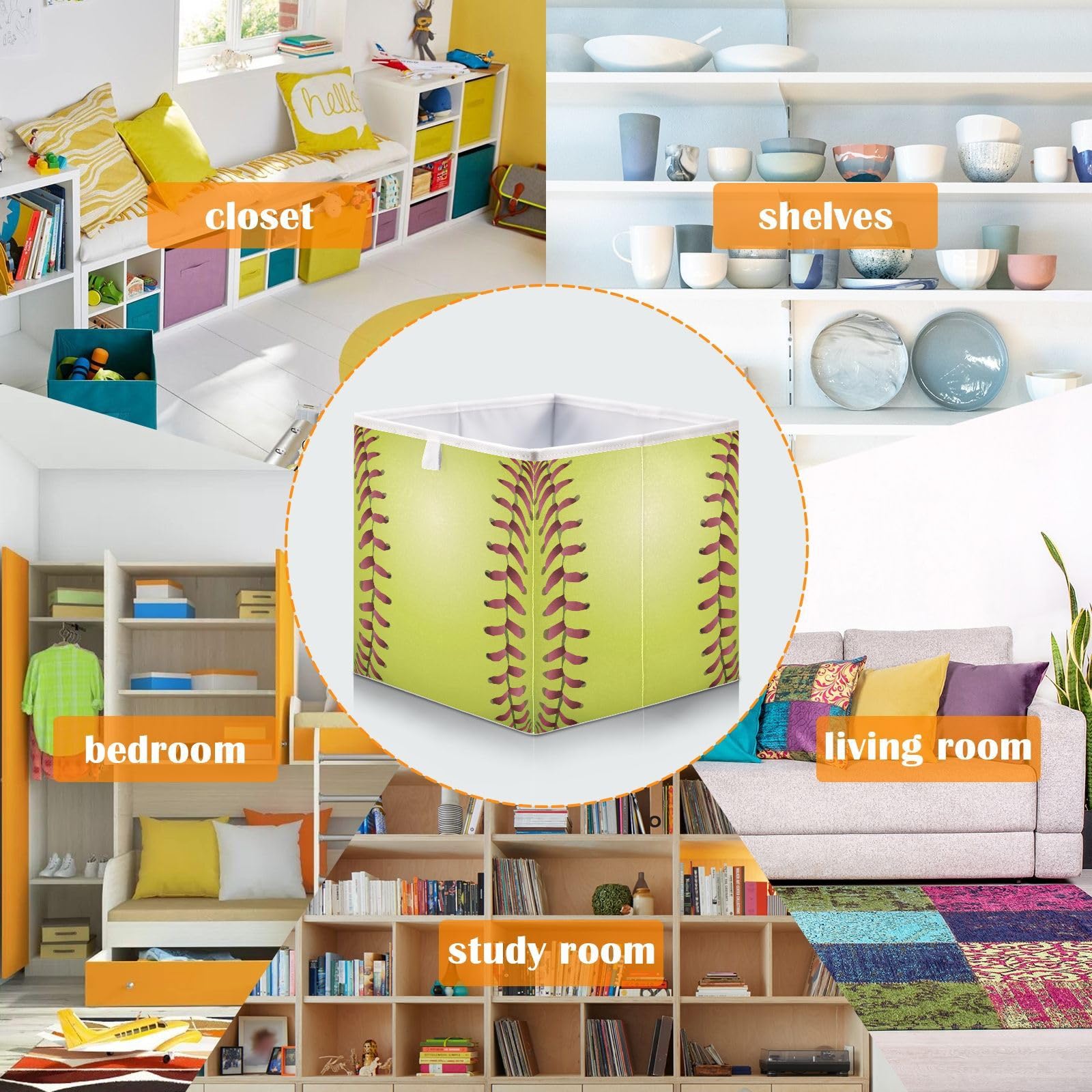 Emelivor Baseball Softball Laces Green Cube Storage Bin Fabric Storage Cubes Large Foldable Storage Baskets Cloth Box Containers for Home Closet Bedroom Drawers Home Decor,11 x 11inch