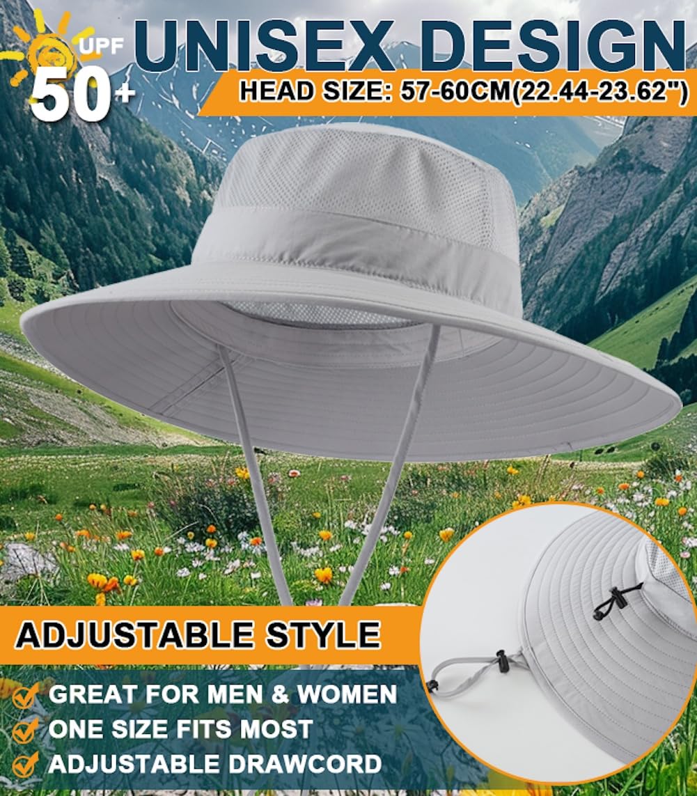 Home Prefer UPF50+ Mens Sun Hat Wide Brim Fishing Hat Airy Womens Sun Protection Hat Gardening Beach Bucket Hat Light Grey