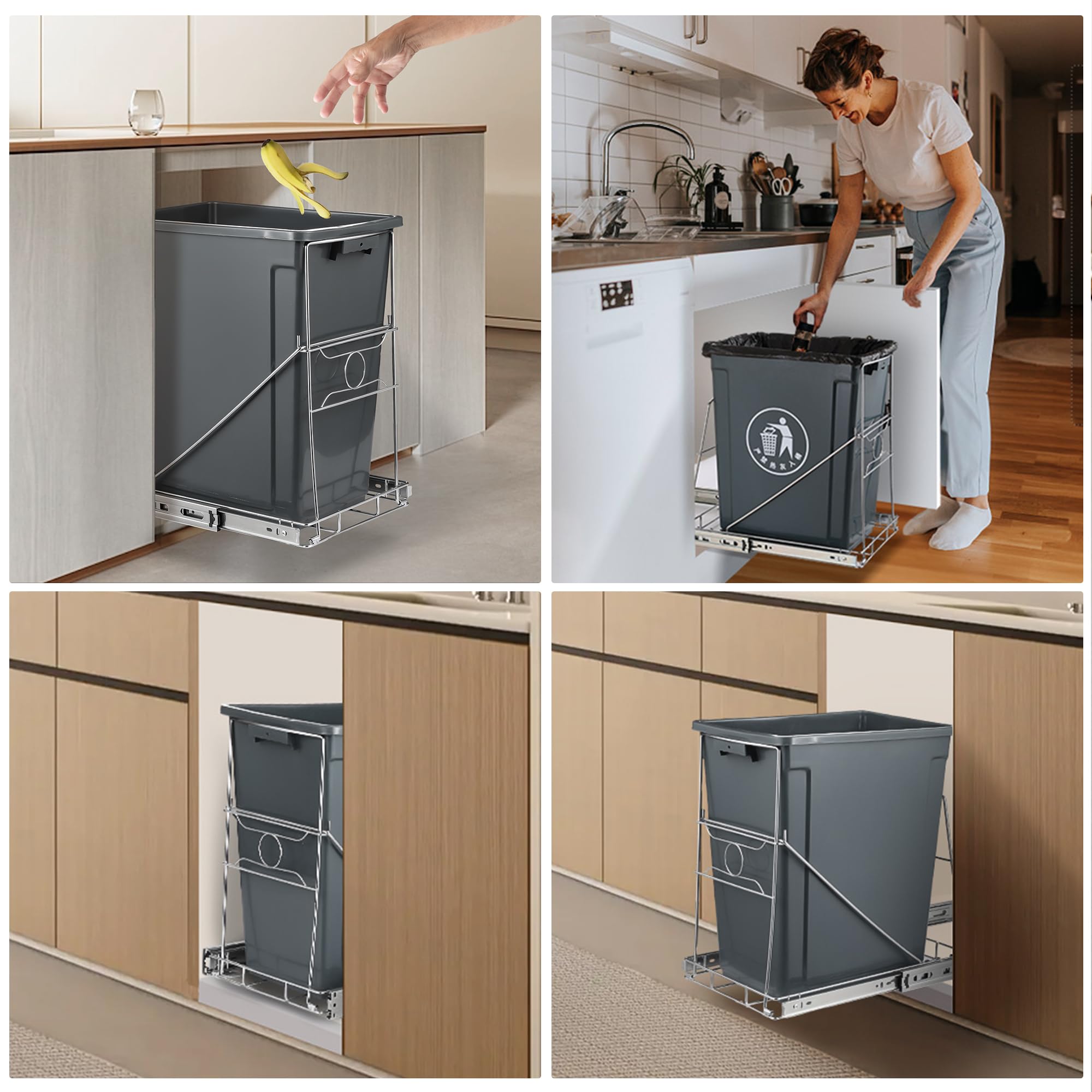 Pull Out Trash Can, Stainless Steel Kitchen Adjustable Trash Slide Out Shelf, Cabinet Trash Can Pull Out Kit, Fit 7-11 Gallon Garbage Can (Trash Can Not Included, Silver)