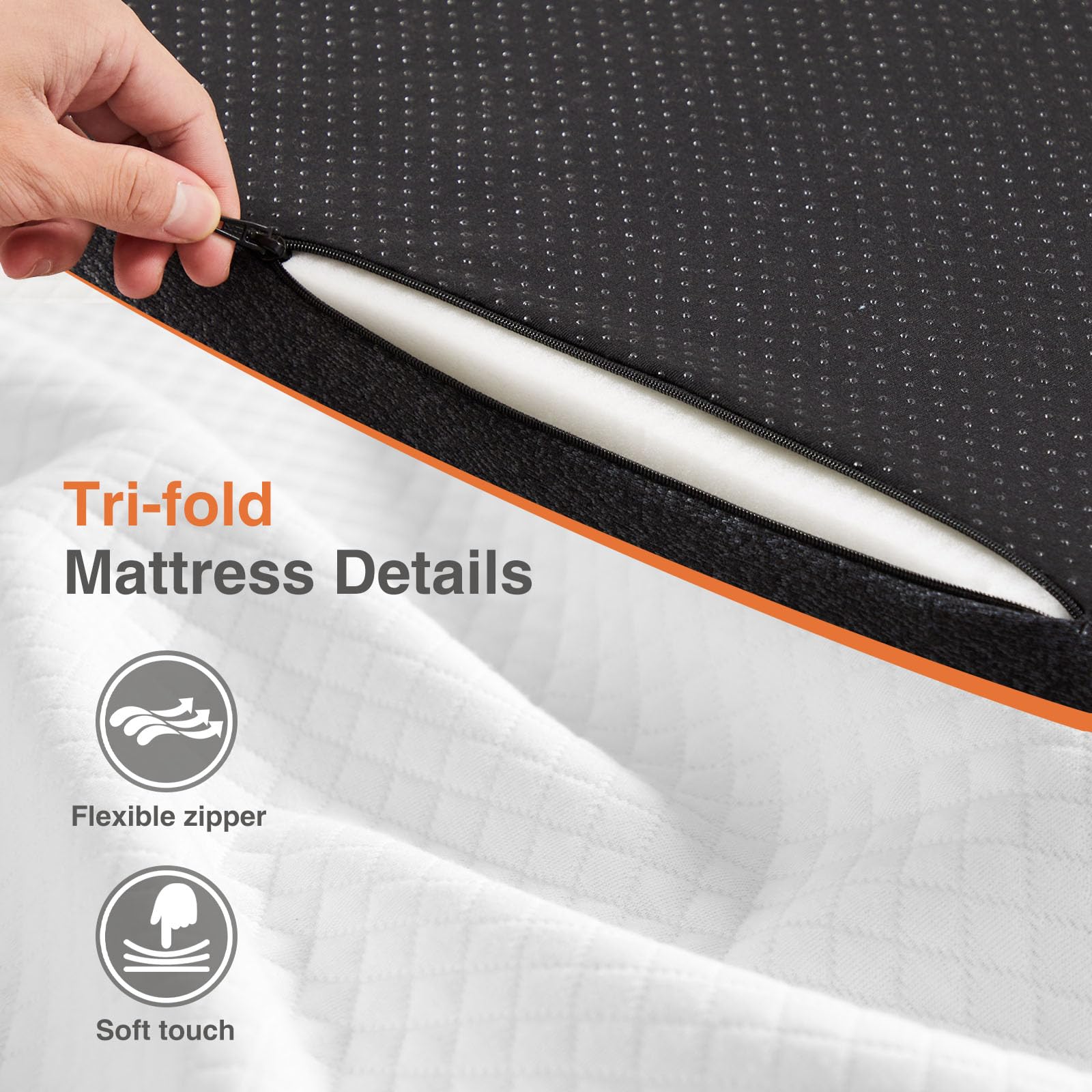 Sweetcrispy Folding Mattress, 4 inch Tri-fold Memory Foam Mattress Topper for Camping, Foldable Mattress Topper with Washable Cover, Guest - Full Size, White