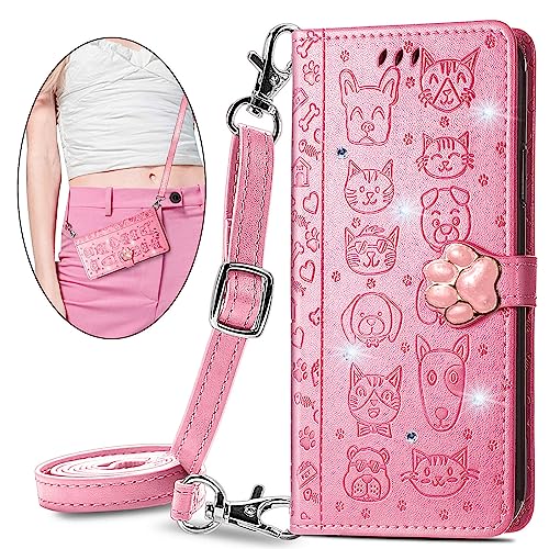 ONV Wallet Case for Oppo Realme 7 Pro - Adjustable Strap Sparkly Animal Leather Folio Cover Card Holder Anti-Shock Stand Magnet Flip Case for Oppo Realme 7 Pro [MG] -Pink