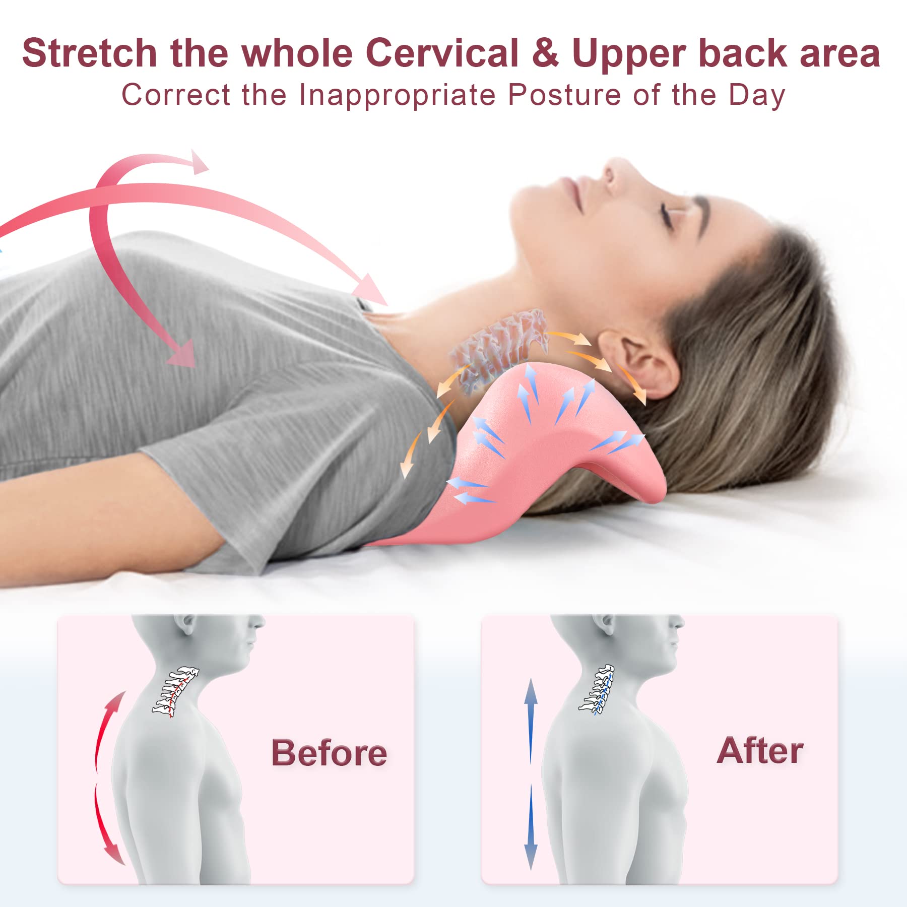 Fanlecy Neck and Shoulder Relaxer with Upper Back Massage Point, Cervical Traction Device Neck Stretcher for TMJ Pain Relief and Cervical Spine Alignment Chiropractic Pillow (Pink)