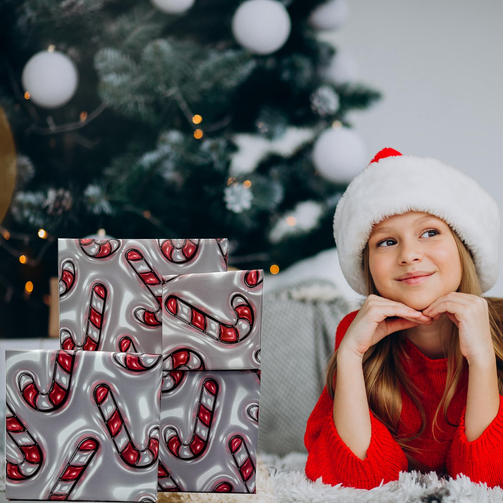 Dtiafu 3D Inflated Puff Candy Cane Wrapping Paper - Metallic Sliver Christmas Decoration - 6 Pcs Gift Wrapping Paper for Xmas Holiday