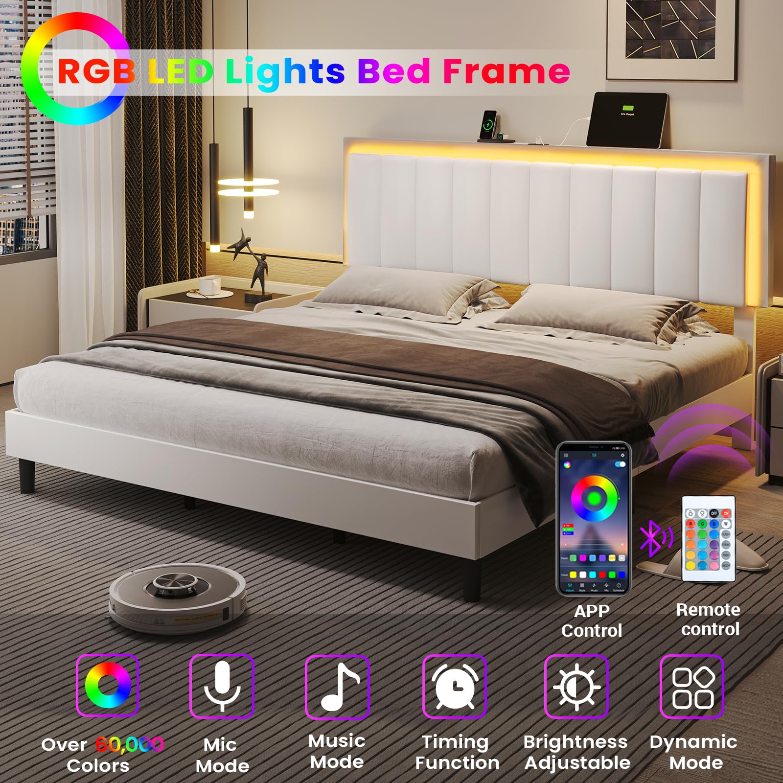 DICTAC Bed Frame King Size with Led Lights and USB Ports Modern King Size Upholstered Platform Bed Frame with Adjustable Headboard Faux Leather Led King Bed Frame,No Noise,No Box Spring Needed, Black