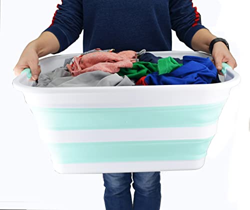 SAMMART 42L Collapsible Plastic Laundry Basket - Foldable Pop Up Storage Container / Organizer - Portable Washing Tub - Space Saving Hamper / Basket (White/Light Green (Set of 2))